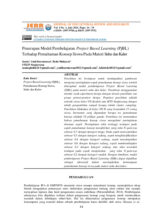 (PDF) Penerapan Model Pembelajaran Project Based Learning (PJBL) Terhadap Pemahaman Konsep Siswa ...