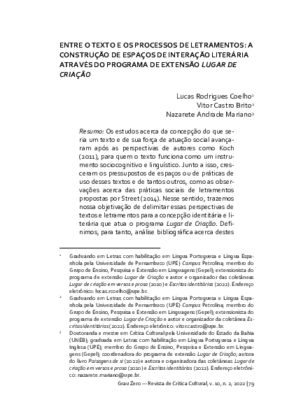 (PDF) Entre o texto e os processos de letramentos | Nazarete Andrade Mariano - Academia.edu