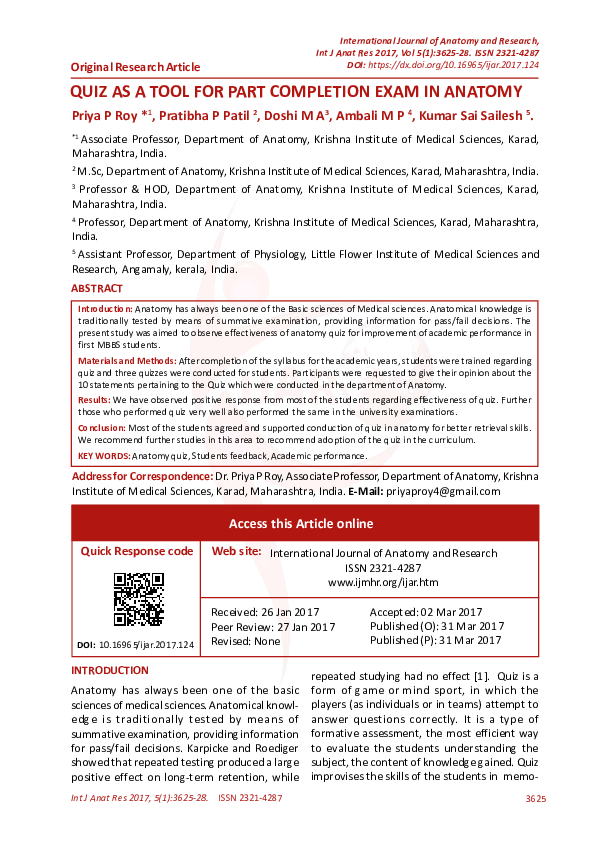 (PDF) Quiz as a tool for part completion exam in anatomy