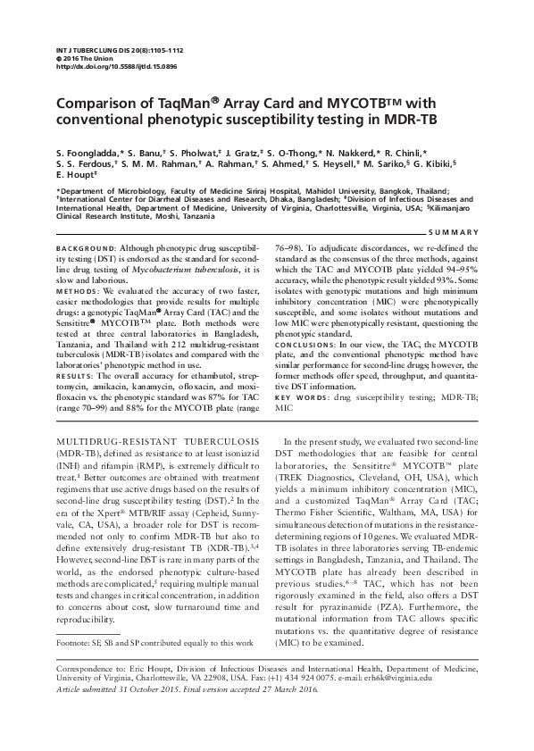 (PDF) Comparison of TaqMan ® Array Card and MYCOTB ™ with conventional ...