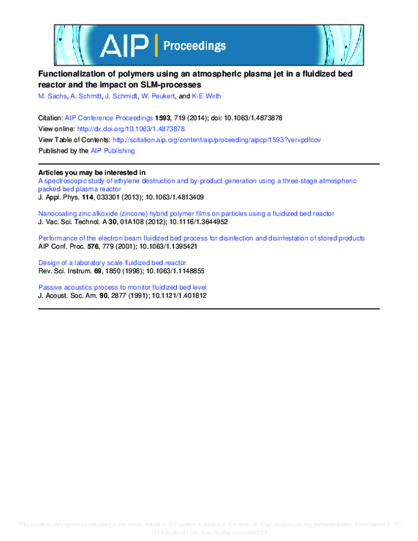 (PDF) Functionalization of polymers using an atmospheric plasma jet in a fluidized bed reactor ...