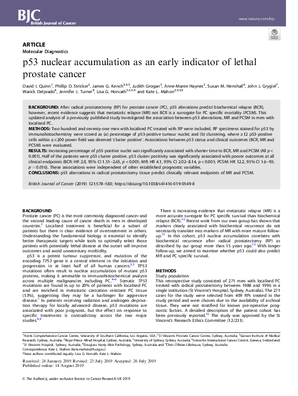 (PDF) P53 Nuclear Accumulation as an Early Indicator of Lethal Prostate ...