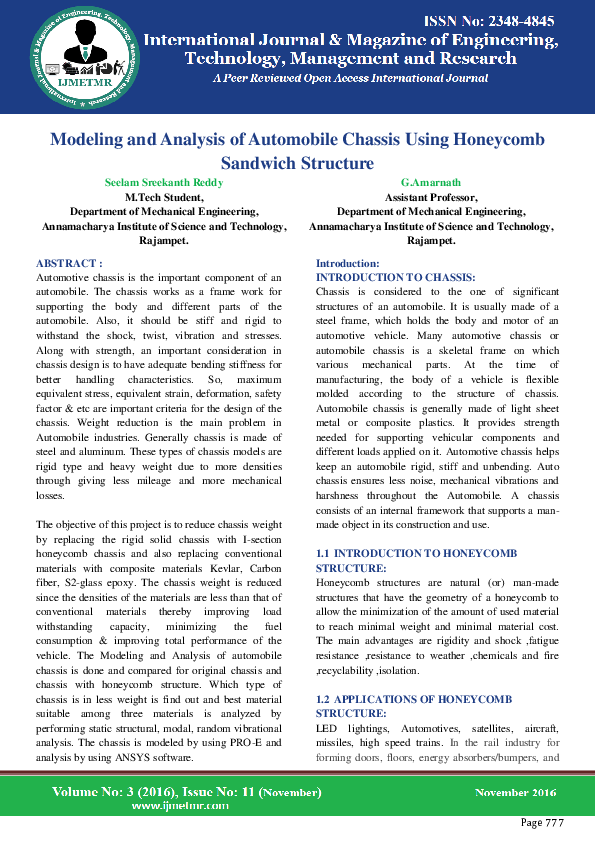 (PDF) Modeling and Analysis of Automobile Chassis Using Honeycomb Sandwich Structure