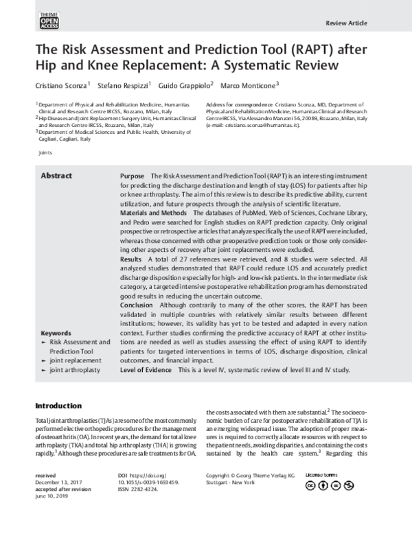 (PDF) The Risk Assessment and Prediction Tool (RAPT) after Hip and Knee ...