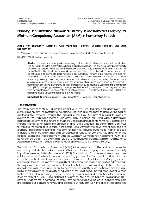 (PDF) Planning for Cultivation Numerical Literacy in Mathematics Learning for Minimum Competency ...