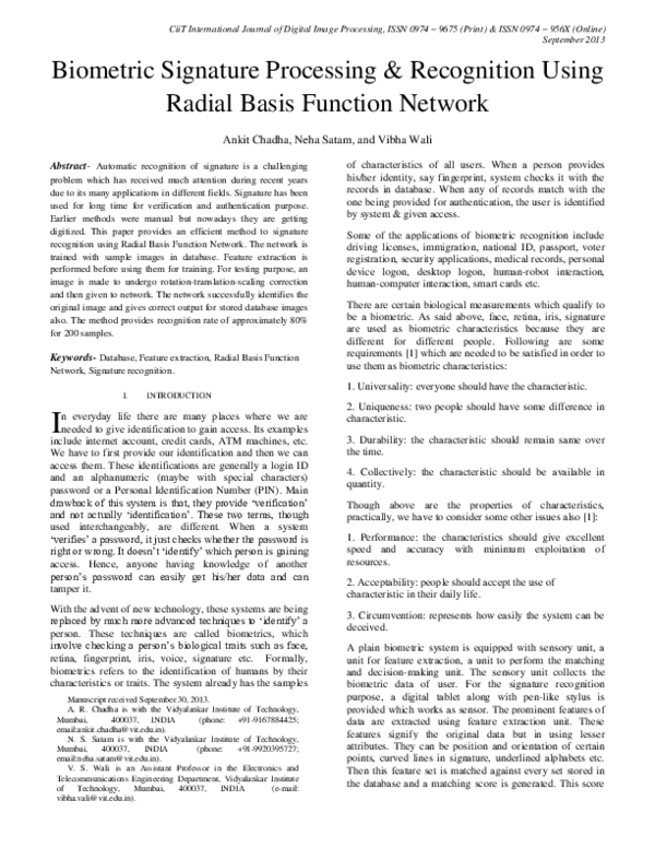 (PDF) Biometric Signature Processing & Recognition Using Radial Basis Function Network