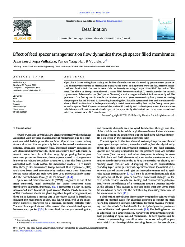 (PDF) Effect of feed spacer arrangement on flow dynamics through spacer ...