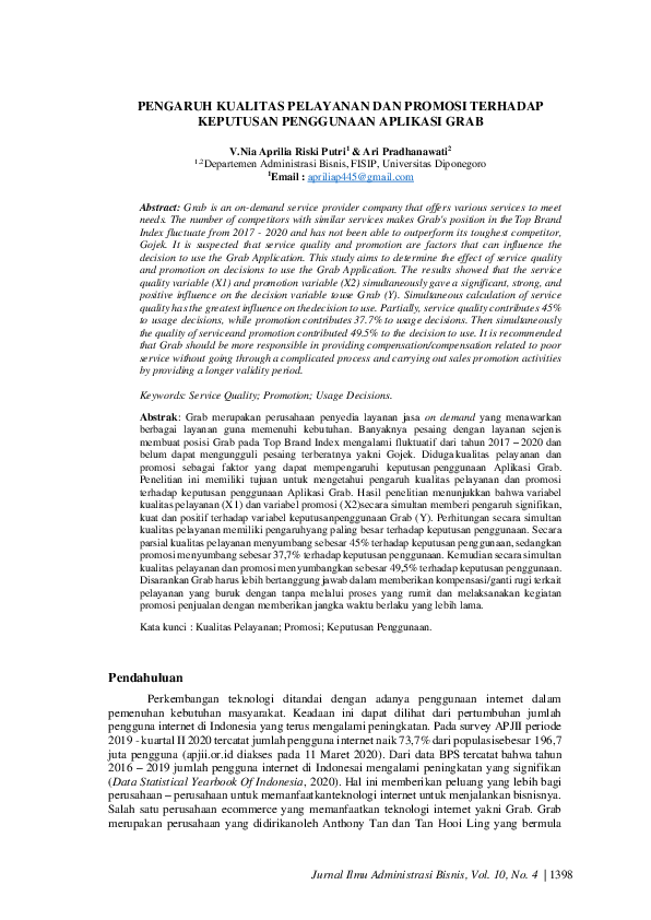 (PDF) Pengaruh Kualitas Pelayanan dan Promosi terhadap Keputusan Penggunaan Aplikasi Grab