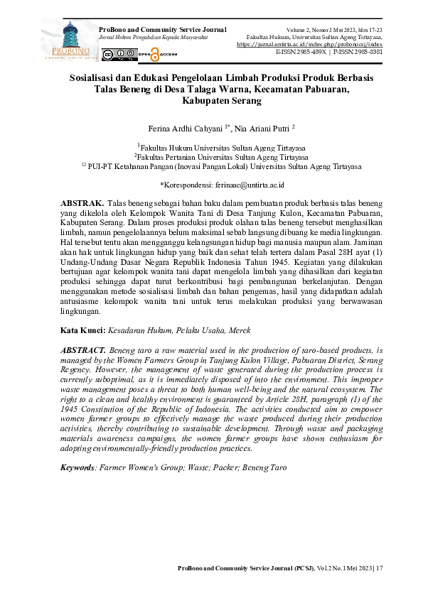 (PDF) Waste Management Education for Talas Beneng-based Product ...