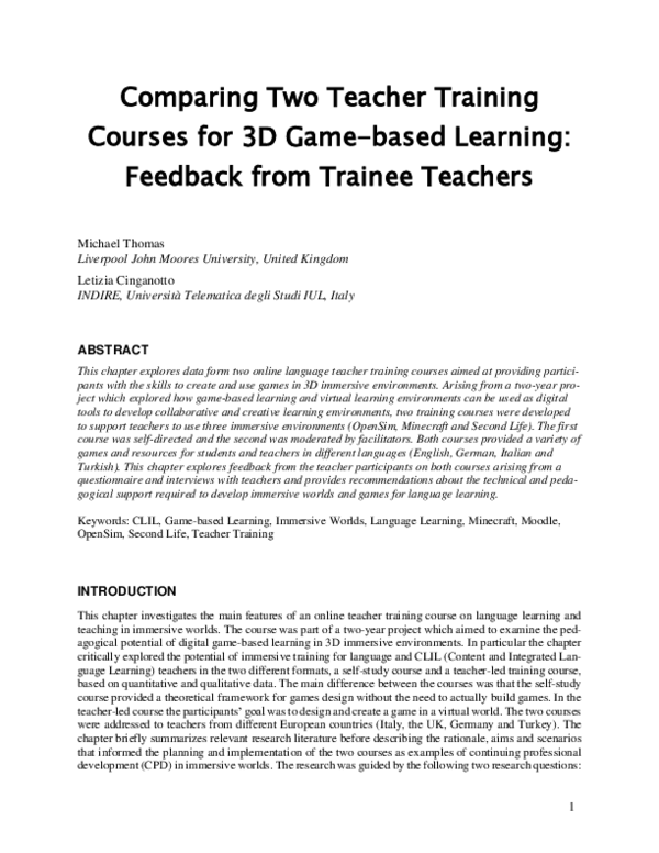 (PDF) Comparing Two Teacher Training Courses for 3D Game-Based Learning