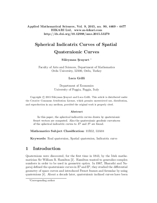 (PDF) Spatial Quaternionic Curves and Spherical Indicatrix