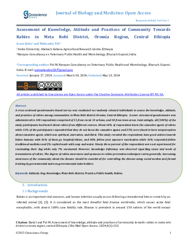 (PDF) Assessment of Knowledge, Attitude and Practices of Community Towards Rabies in Meta Robi ...