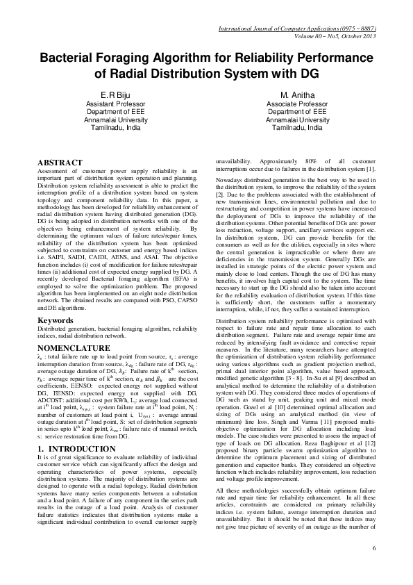 (PDF) Bacterial Foraging Algorithm for Reliability Performance of Radial Distribution System ...