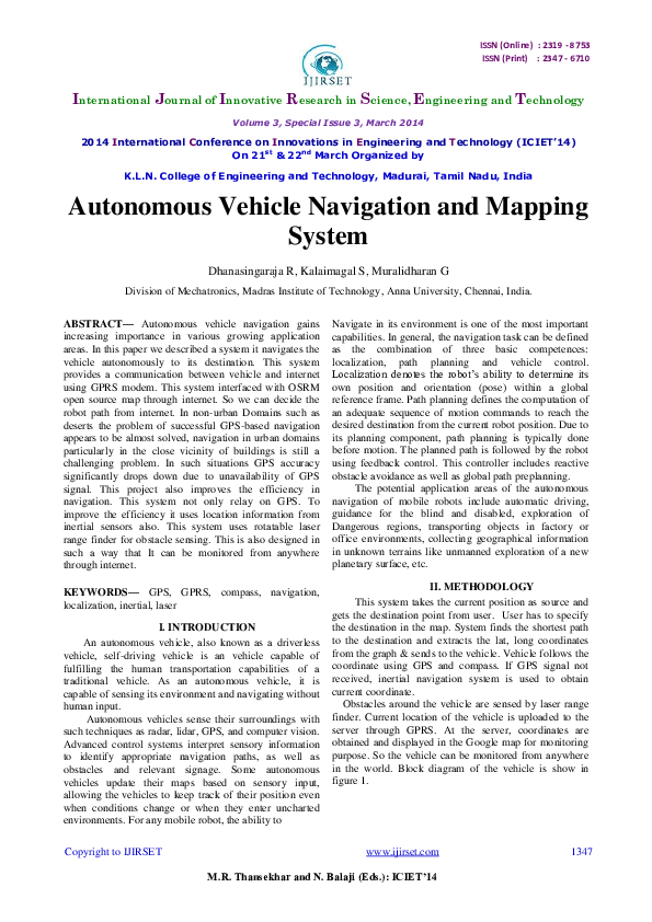 (PDF) Autonomous Vehicle Navigation and MappingSystem