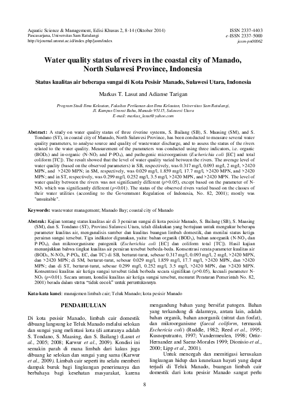 (PDF) Water quality status of rivers in the coastal city of Manado ...