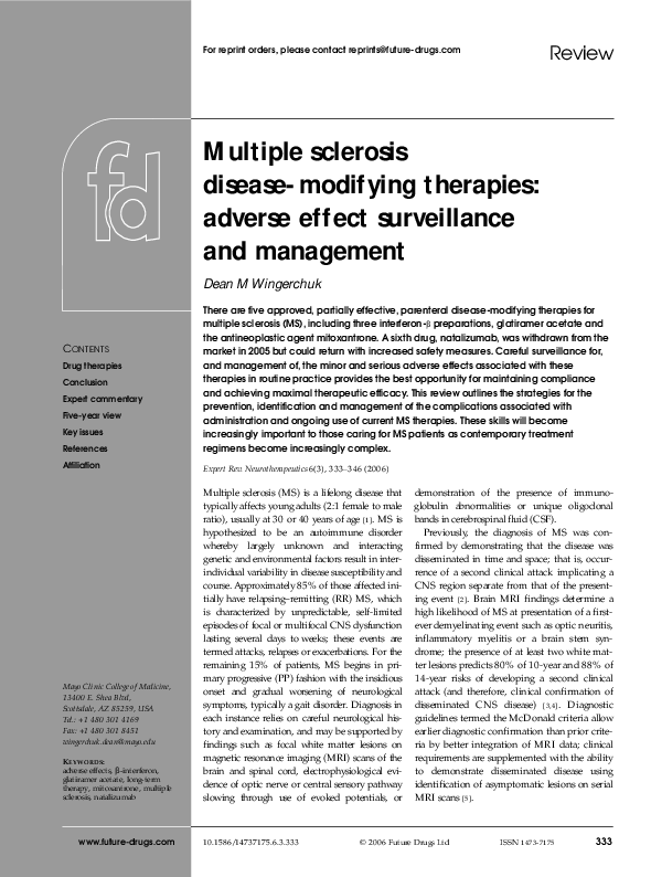 (PDF) Multiple sclerosis disease-modifying therapies: adverse effect surveillance and management