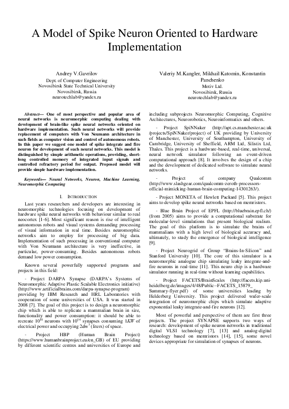 (PDF) A model of spike neuron oriented to hardware implementation