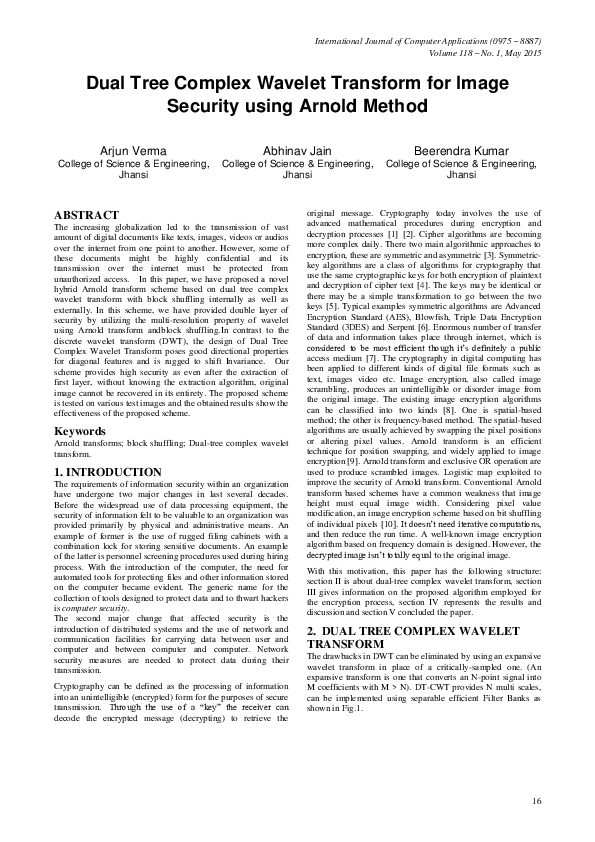 (PDF) Dual Tree Complex Wavelet Transform for Image Security using Arnold Method | Arjun Verma ...