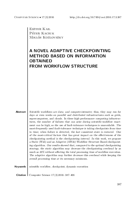 (PDF) A novel adaptive checkpointing method based on information obtained from workflow structure