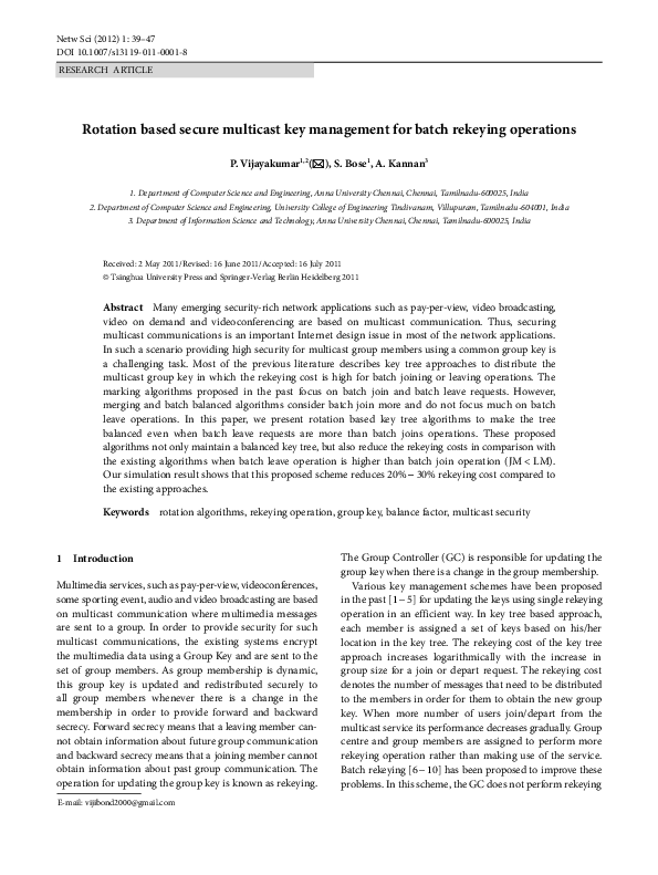 (PDF) Rotation based secure multicast key management for batch rekeying operations