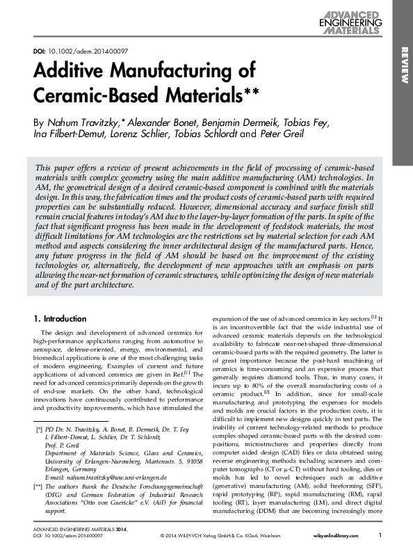 (PDF) Additive Manufacturing of Ceramic‐Based Materials