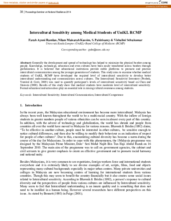 (PDF) Intercultural sensitivity among medical students of UniKL RCMP