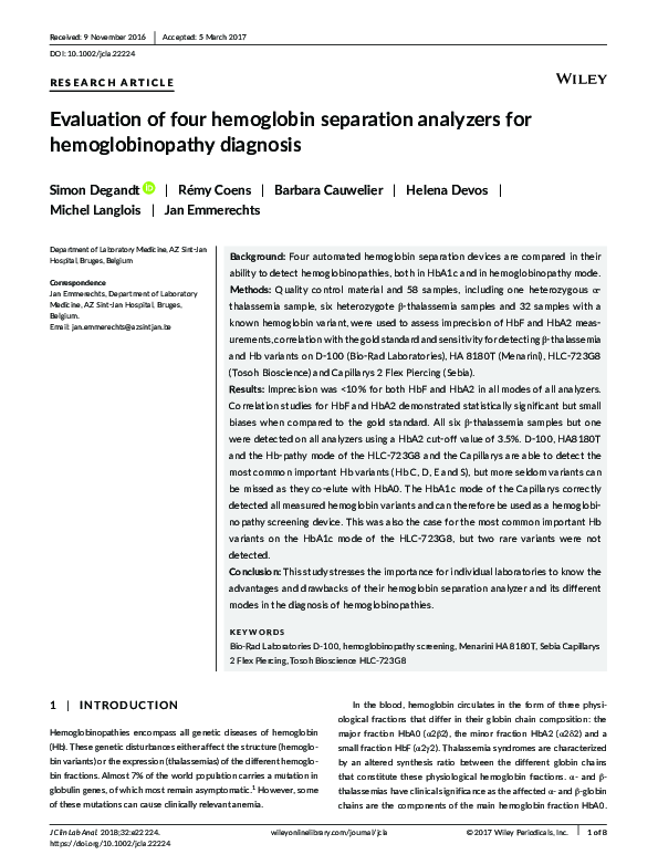 (PDF) Evaluation of four hemoglobin separation analyzers for ...
