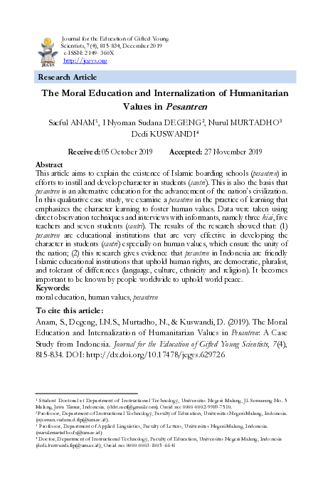 (PDF) The Moral Education and Internalization of Humanitarian Values in Pesantren: A Case Study ...