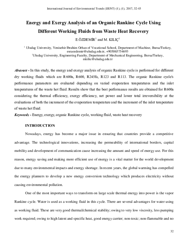 (PDF) Energy and Exergy Analysis of an Organic Rankine Cycle Using Different Working Fluids from ...