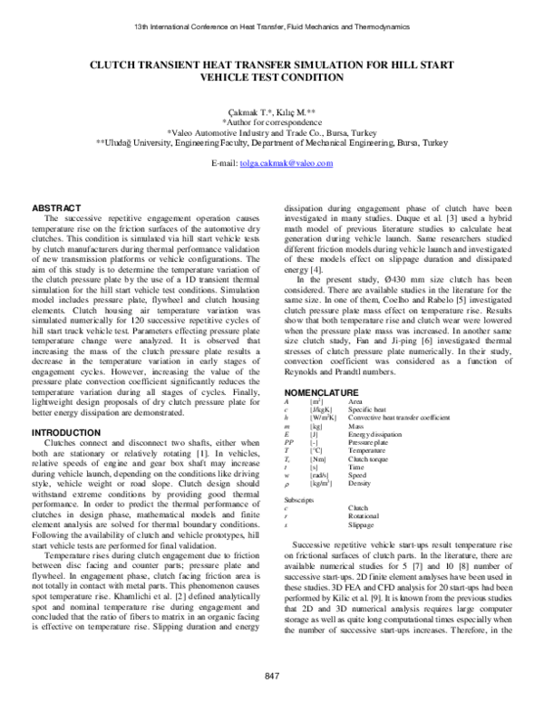 (PDF) Clutch transient heat transfer simulation for hill start vehicle ...