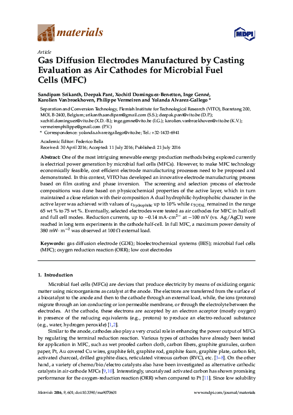 (PDF) Gas Diffusion Electrodes Manufactured by Casting Evaluation as Air Cathodes for Microbial ...