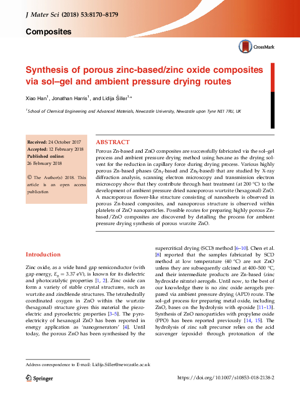 (PDF) Synthesis of porous zinc-based/zinc oxide composites via sol–gel ...
