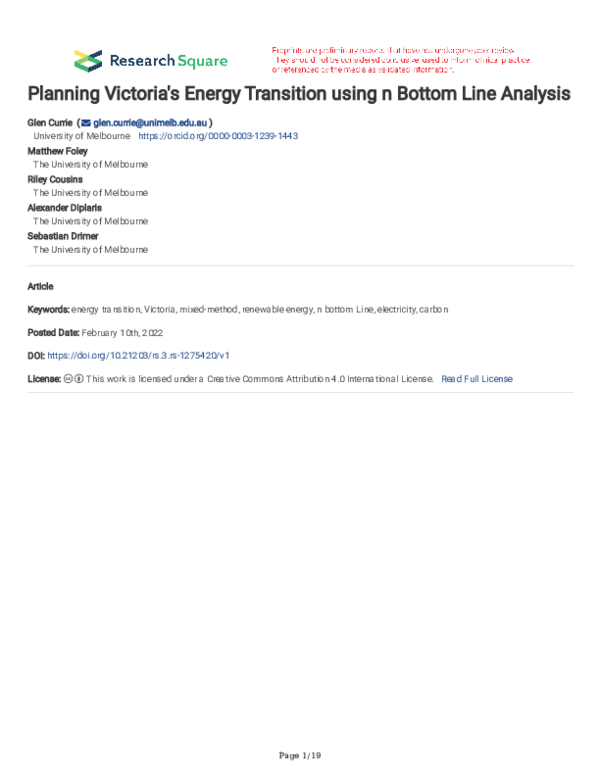 (PDF) Planning Victoria's Energy Transition using n Bottom Line Analysis