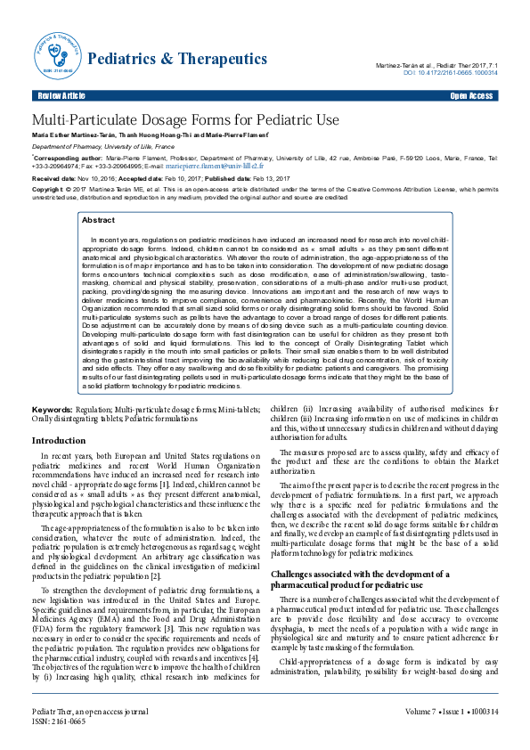 (PDF) Multi-Particulate Dosage Forms for Pediatric Use