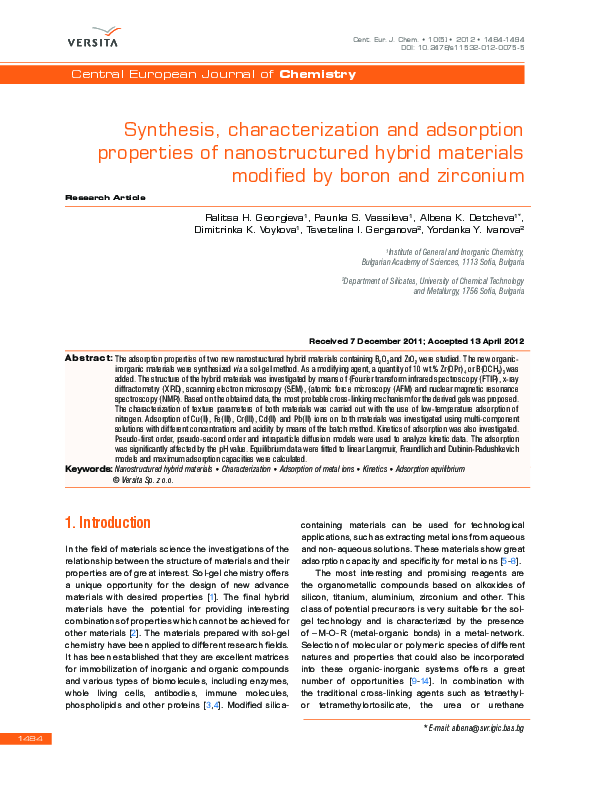 (PDF) Synthesis, characterization and adsorption properties of nanostructured hybrid materials ...