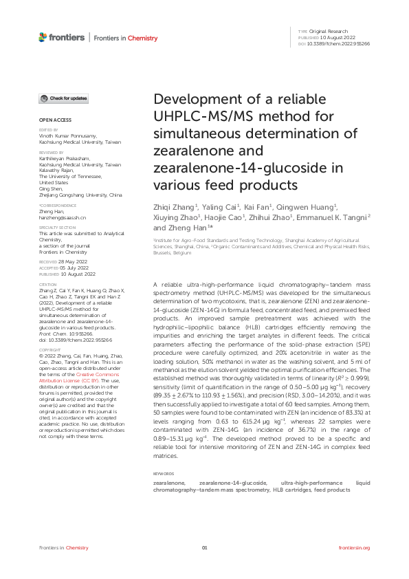(PDF) Development of a reliable UHPLC-MS/MS method for simultaneous determination of zearalenone ...