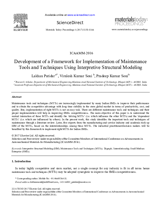 (PDF) Development of a Framework for Implementation of Maintenance ...