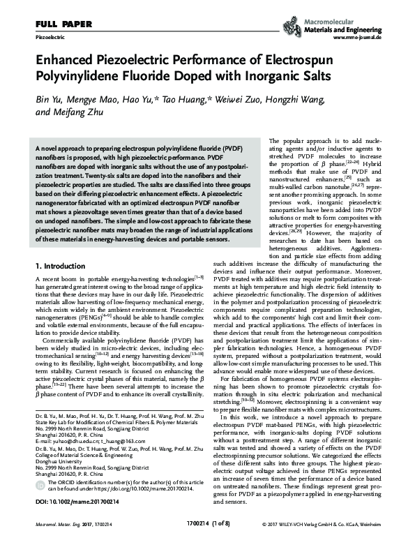 (PDF) Enhanced Piezoelectric Performance of Electrospun PVDF‐TrFE by Polydopamine‐Assisted ...