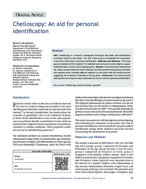 (PDF) Cheiloscopy : An aid for personal identification