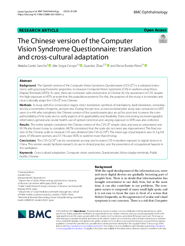 (PDF) The Chinese version of the Computer Vision Syndrome Questionnaire ...