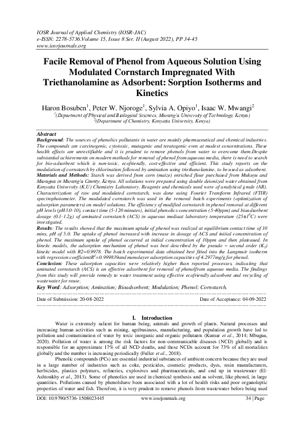 (PDF) Facile Removal of Phenol from Aqueous Solution Using Modulated Cornstarch Impregnated With ...