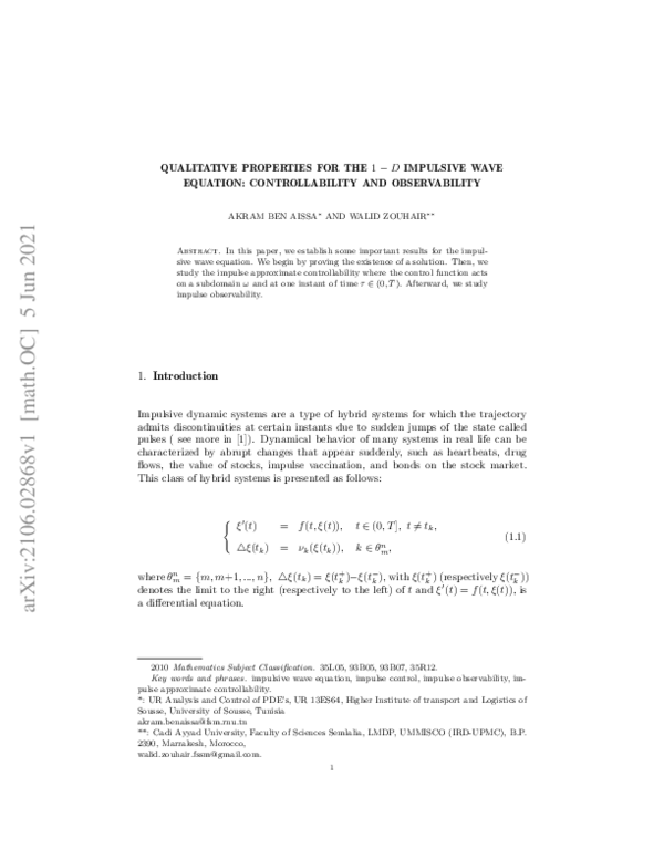 Pdf Qualitative Properties For The 1 − D Impulsive Wave Equation Controllability And
