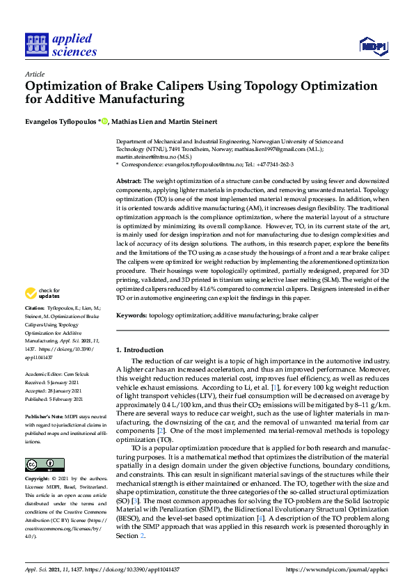 (PDF) Optimization of Brake Calipers Using Topology Optimization for ...