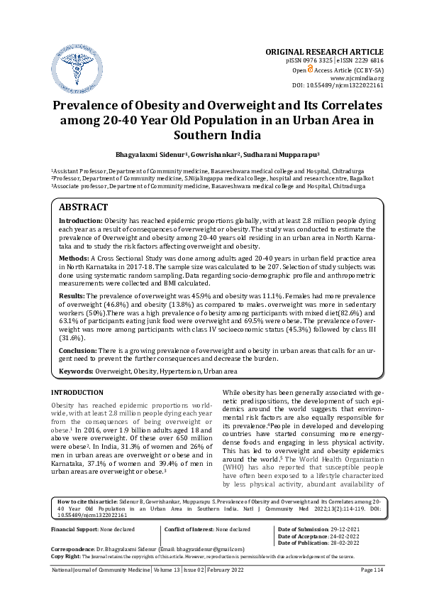 (PDF) Prevalence of Obesity and Overweight and Its Correlates among 20 ...