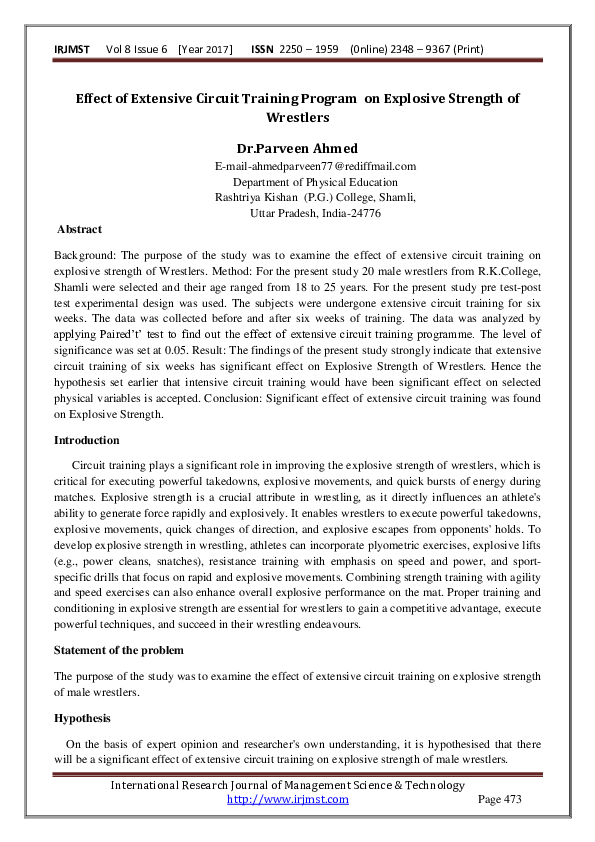 (PDF) Effect of Extensive Circuit Training Program on Explosive Strength of Wrestlers