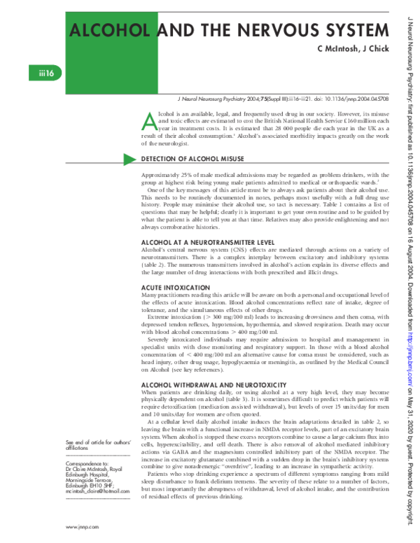 (PDF) Alcohol and the nervous system