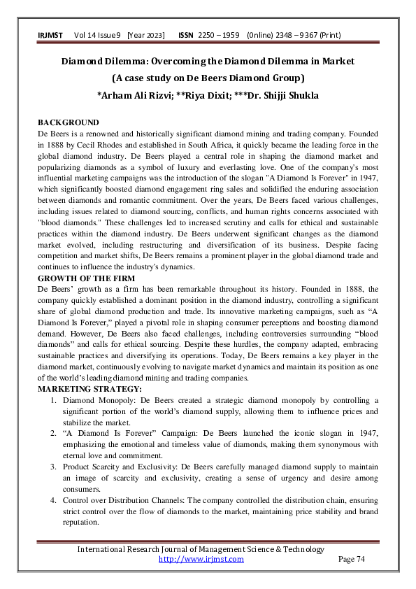 (PDF) Diamond Dilemma: Overcoming the Diamond Dilemma in Market (A case ...