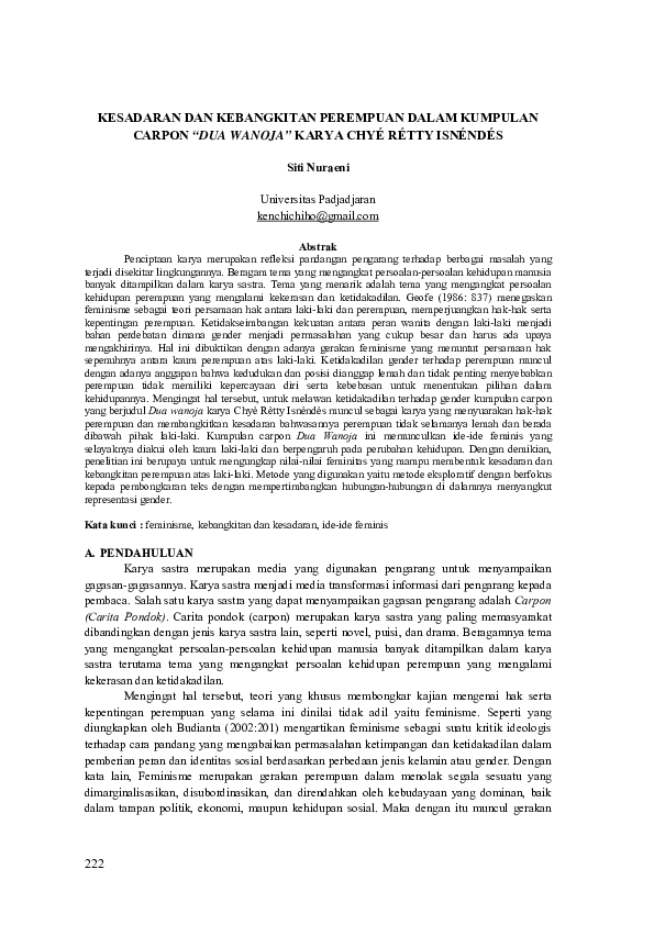 (PDF) Kesadaran dan Kebangkitan Perempuan dalam Kumpulan Carpon “Dua ...