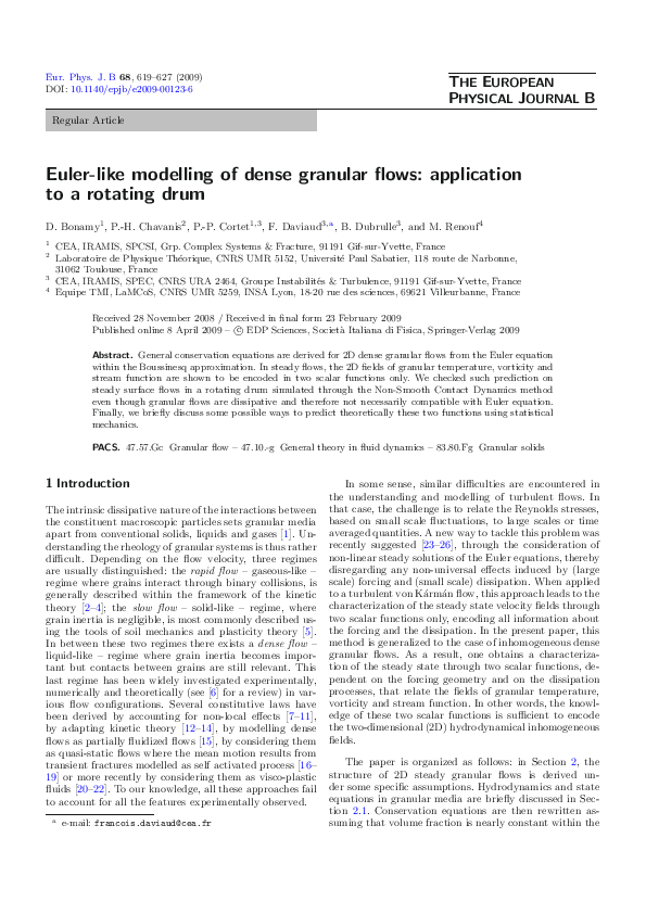 Pdf Euler Like Modelling Of Dense Granular Flows Application To A Rotating Drum