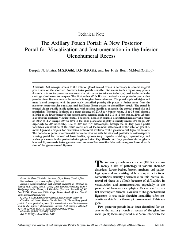 (PDF) The Axillary Pouch Portal: A New Posterior Portal for ...